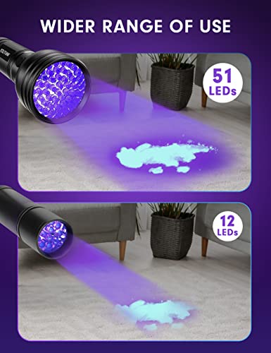 YOUTHINK Black Light, 51 LED UV Flashlights for Home &Hotel Inspection, Portable Black Light for Pet Urine Detection,Dry Stains,Bed Bug, Matching with Pet Odor Eliminator