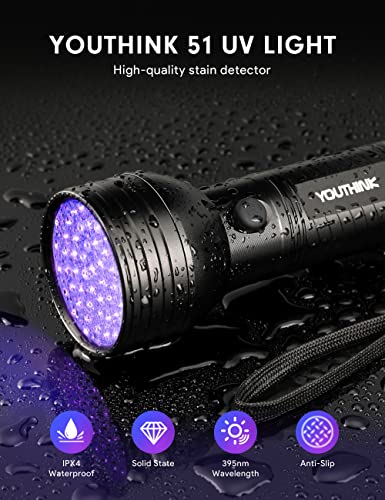 YOUTHINK Black Light, 51 LED UV Flashlights for Home &Hotel Inspection, Portable Black Light for Pet Urine Detection,Dry Stains,Bed Bug, Matching with Pet Odor Eliminator