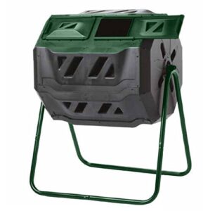 exaco trading company exaco mr.spin compost tumbler - 160 liters / 43 gallon, dual chamber composter on two-leg stand,green/black