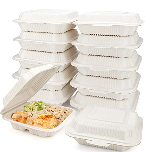 HeloGreen Eco Friendly 3 Compartment 100 Count 8"x8" To Go Food Containers - To Go Containers Disposable, Take Out Food Containers, To Go Boxes for Food, Clamshell Food Container, Heavy Duty To Go Box