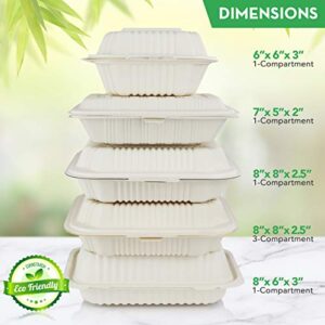 HeloGreen Eco Friendly 3 Compartment 100 Count 8"x8" To Go Food Containers - To Go Containers Disposable, Take Out Food Containers, To Go Boxes for Food, Clamshell Food Container, Heavy Duty To Go Box