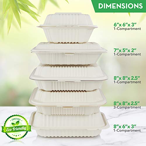 HeloGreen Eco Friendly 3 Compartment 100 Count 8"x8" To Go Food Containers - To Go Containers Disposable, Take Out Food Containers, To Go Boxes for Food, Clamshell Food Container, Heavy Duty To Go Box