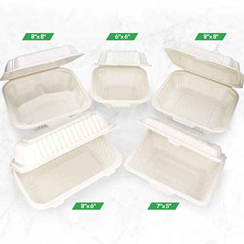 HeloGreen Eco Friendly 3 Compartment 100 Count 8"x8" To Go Food Containers - To Go Containers Disposable, Take Out Food Containers, To Go Boxes for Food, Clamshell Food Container, Heavy Duty To Go Box