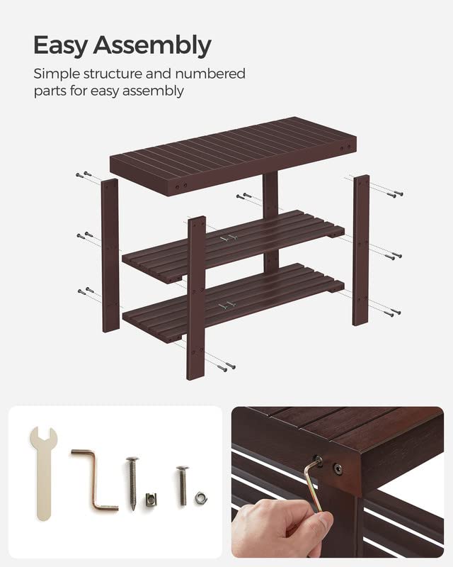 SONGMICS Shoe Rack Bench, 3-Tier Bamboo Shoe Storage Organizer, Entryway Bench, Holds Up to 286 lb, for Entryway Bathroom Bedroom, Brown ULBS04Z