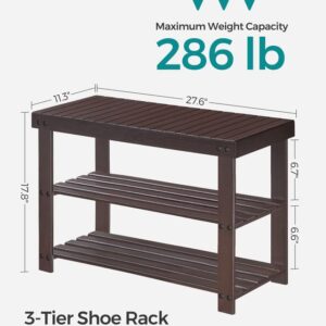 SONGMICS Shoe Rack Bench, 3-Tier Bamboo Shoe Storage Organizer, Entryway Bench, Holds Up to 286 lb, for Entryway Bathroom Bedroom, Brown ULBS04Z