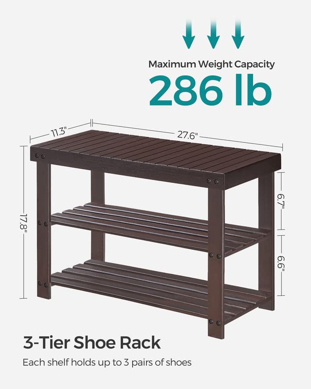 SONGMICS Shoe Rack Bench, 3-Tier Bamboo Shoe Storage Organizer, Entryway Bench, Holds Up to 286 lb, for Entryway Bathroom Bedroom, Brown ULBS04Z