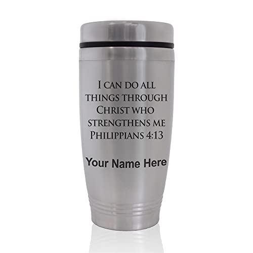 SkunkWerkz Commuter Travel Mug, Bible Verse Philippians 4:13, Personalized Engraving Included