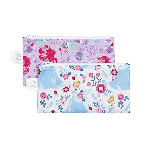 Bumkins Snack Bags, Reusable Fabric, Washable, Food Safe, BPA Free - Cinderella & Ariel (2-Pack)