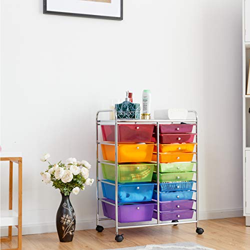 Giantex 15 Drawer Rolling Storage Cart Tools Scrapbook Paper Office School Organizer, Multicolor