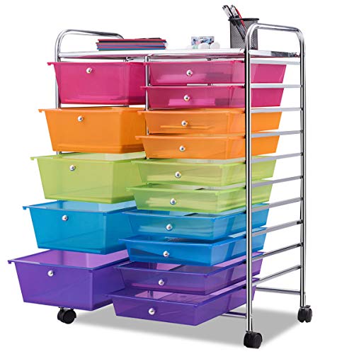 Giantex 15 Drawer Rolling Storage Cart Tools Scrapbook Paper Office School Organizer, Multicolor