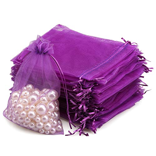 G2PLUS Organza Gift Bags with Drawstring 5''x 7' 100 PCS Organza Jewelry Bags, Sheer Drawstring Gift Pouches for Christmas Wedding Party Favors (Purple)