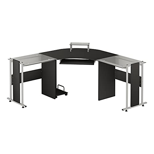 HOMCOM 69" Modern L-Shaped Tempered Glass Office Computer Desk with Elevated Monitor Stand, Rolling CPU Holder, Pull Out Keyboard Tray and Steel Frame, Black