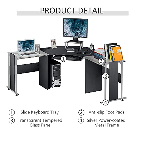 HOMCOM 69" Modern L-Shaped Tempered Glass Office Computer Desk with Elevated Monitor Stand, Rolling CPU Holder, Pull Out Keyboard Tray and Steel Frame, Black