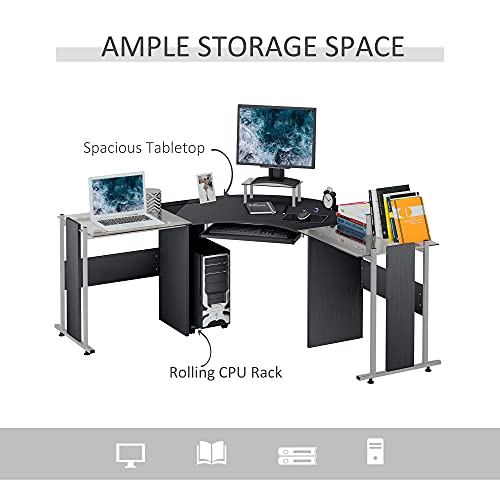 HOMCOM 69" Modern L-Shaped Tempered Glass Office Computer Desk with Elevated Monitor Stand, Rolling CPU Holder, Pull Out Keyboard Tray and Steel Frame, Black