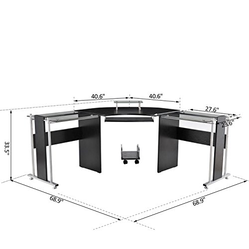 HOMCOM 69" Modern L-Shaped Tempered Glass Office Computer Desk with Elevated Monitor Stand, Rolling CPU Holder, Pull Out Keyboard Tray and Steel Frame, Black