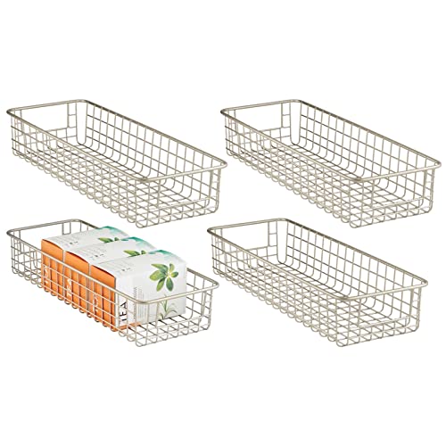 mDesign Metal Wire Food Storage Shallow Basket Organizer with Handles for Organizing Kitchen Cabinets, Pantry Shelf, Bathroom, Laundry Room, Closets, Garage - Concerto Collection - 4 Pack - Satin