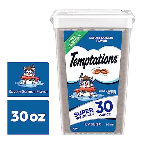 TEMPTATIONS Classic Crunchy and Soft Cat Treats Savory Salmon Flavor, 30 oz. Tub, Makes a Great Holiday Cat Treat