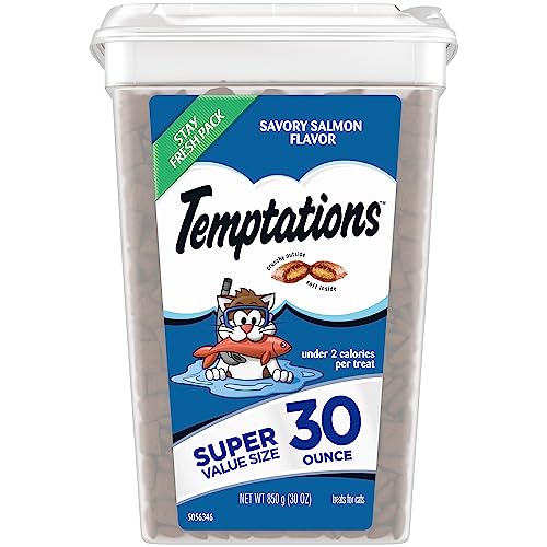 TEMPTATIONS Classic Crunchy and Soft Cat Treats Savory Salmon Flavor, 30 oz. Tub, Makes a Great Holiday Cat Treat