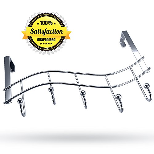 Over the Door Rack with Hooks | 5 Hangers for Towels Coats Clothes Robes Ties Hats | Bathroom Closet Extra Long Heavy Duty Chrome Space Saver Mudroom Organizer by Kyle Matthews Designs