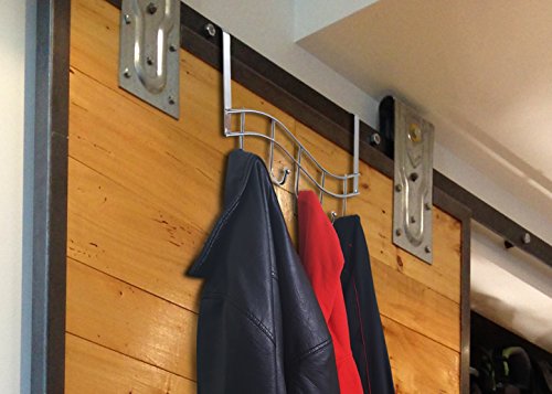 Over the Door Rack with Hooks | 5 Hangers for Towels Coats Clothes Robes Ties Hats | Bathroom Closet Extra Long Heavy Duty Chrome Space Saver Mudroom Organizer by Kyle Matthews Designs