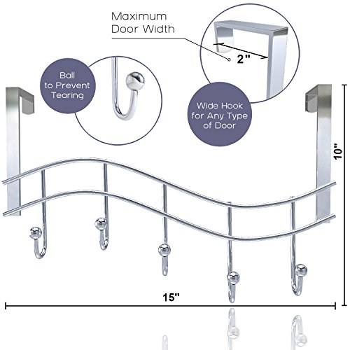 Over the Door Rack with Hooks | 5 Hangers for Towels Coats Clothes Robes Ties Hats | Bathroom Closet Extra Long Heavy Duty Chrome Space Saver Mudroom Organizer by Kyle Matthews Designs