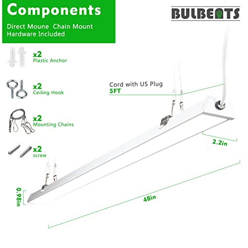 bulbeats Compact LED Shop Light 4FT, 50W Surface/Suspension Mount 4FT Lights Fixture, 7000Lm 5000K T8 Integrated LED Tube Light with 5' Power Cord Ideal for Garage Basement Workshop-4Pack