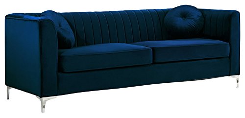 Meridian Furniture Isabelle Collection Modern | Contemporary Channel Tufted, Velvet Upholstered Sofa with Custom Chrome Legs, Navy, 86.5" W x 35.5" D x 31" H