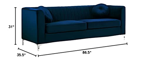 Meridian Furniture Isabelle Collection Modern | Contemporary Channel Tufted, Velvet Upholstered Sofa with Custom Chrome Legs, Navy, 86.5" W x 35.5" D x 31" H