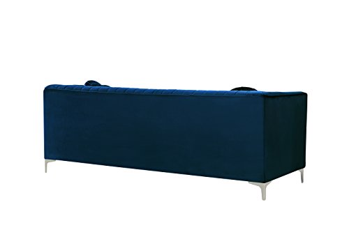 Meridian Furniture Isabelle Collection Modern | Contemporary Channel Tufted, Velvet Upholstered Sofa with Custom Chrome Legs, Navy, 86.5" W x 35.5" D x 31" H