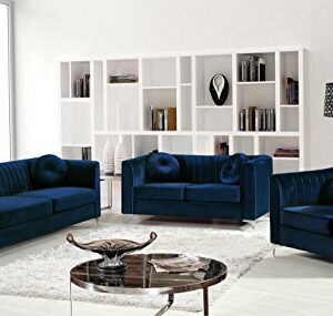 Meridian Furniture Isabelle Collection Modern | Contemporary Channel Tufted, Velvet Upholstered Sofa with Custom Chrome Legs, Navy, 86.5" W x 35.5" D x 31" H