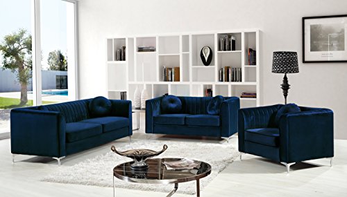 Meridian Furniture Isabelle Collection Modern | Contemporary Channel Tufted, Velvet Upholstered Sofa with Custom Chrome Legs, Navy, 86.5" W x 35.5" D x 31" H