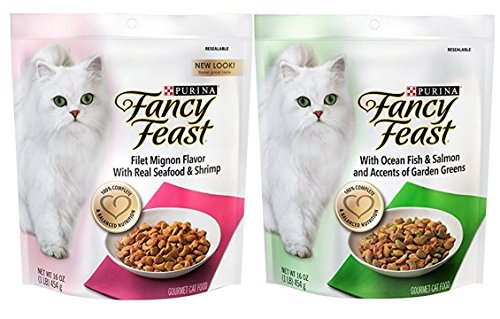 Fancy Feast Purina Gourmet Cat Food (2) Flavor Variety Bundle: (1) Filet Mignon with Real Seafood & Shrimp,and (1) Ocean Fish & Salmon and Accents of Garden Greens, 16 Ounces Each