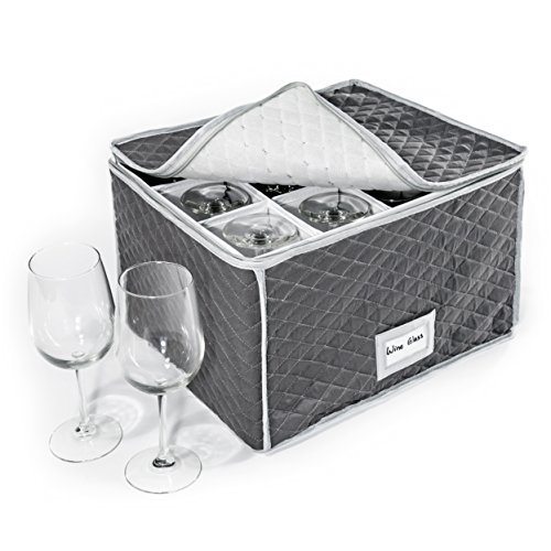 Stemware Storage Case - Quilted Fabric Container in Gray Measuring 16" x 13" x 10"H - Inside compartment is 4" x 4" - Perfect Storage Case for White and Red Wine Beer Mugs