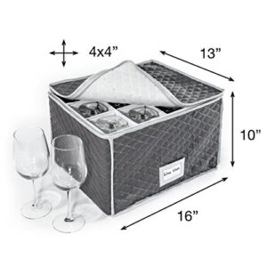 Stemware Storage Case - Quilted Fabric Container in Gray Measuring 16" x 13" x 10"H - Inside compartment is 4" x 4" - Perfect Storage Case for White and Red Wine Beer Mugs