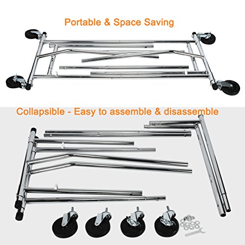 HOKEEPER 250 Lbs Load Capacity Commercial Grade Clothing Garment Racks Heavy Duty Sing Rail Adjustable Collapsible Rolling Clothes Rack on Wheels, Chrome Finish