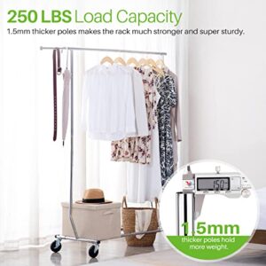 HOKEEPER 250 Lbs Load Capacity Commercial Grade Clothing Garment Racks Heavy Duty Sing Rail Adjustable Collapsible Rolling Clothes Rack on Wheels, Chrome Finish