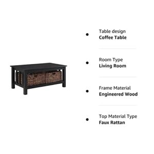 Walker Edison Coastal Black Living Room Coffee Table with Lower Shelf and Faux Rattan Wicker Baskets, 40 Inch