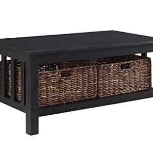 Walker Edison Coastal Black Living Room Coffee Table with Lower Shelf and Faux Rattan Wicker Baskets, 40 Inch