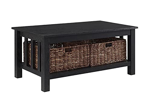 Walker Edison Coastal Black Living Room Coffee Table with Lower Shelf and Faux Rattan Wicker Baskets, 40 Inch