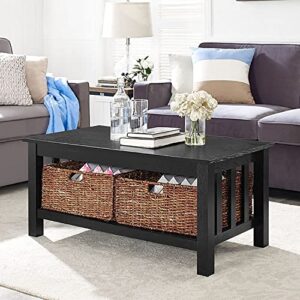 Walker Edison Coastal Black Living Room Coffee Table with Lower Shelf and Faux Rattan Wicker Baskets, 40 Inch