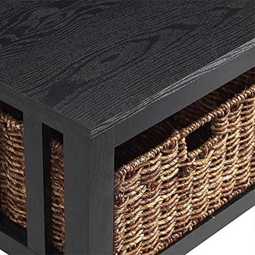 Walker Edison Coastal Black Living Room Coffee Table with Lower Shelf and Faux Rattan Wicker Baskets, 40 Inch