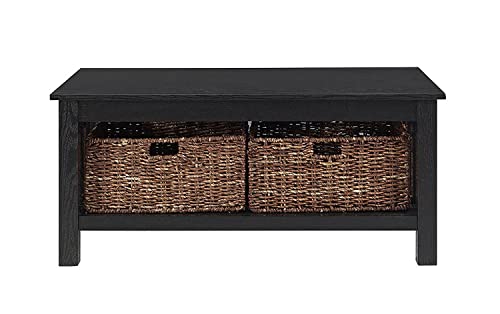 Walker Edison Coastal Black Living Room Coffee Table with Lower Shelf and Faux Rattan Wicker Baskets, 40 Inch