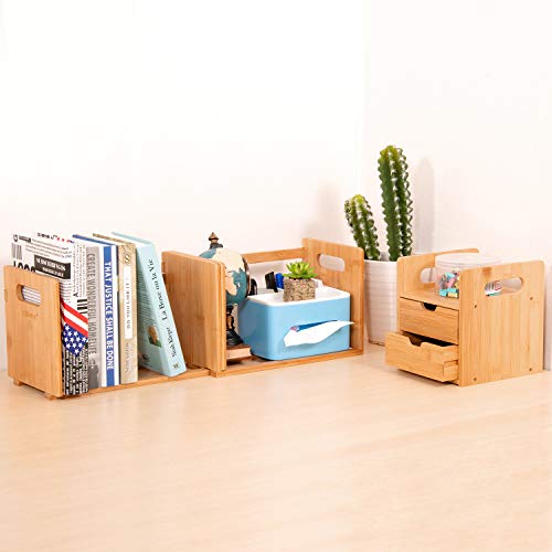 Ollieroo Natural Bamboo Desk Organizer with Extendable Storage for Office and Home, CD Holder Media Rack