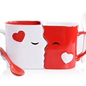 Blu Devil Kissing Mugs Set, Anniversary & Wedding Gifts, Exquisitely Crafted Two Large Cups & Spoons for Couples, for Him and Her on Valentines, Birthday, Engagement