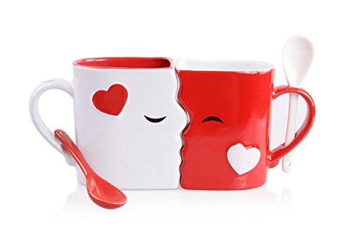 Blu Devil Kissing Mugs Set, Anniversary & Wedding Gifts, Exquisitely Crafted Two Large Cups & Spoons for Couples, for Him and Her on Valentines, Birthday, Engagement