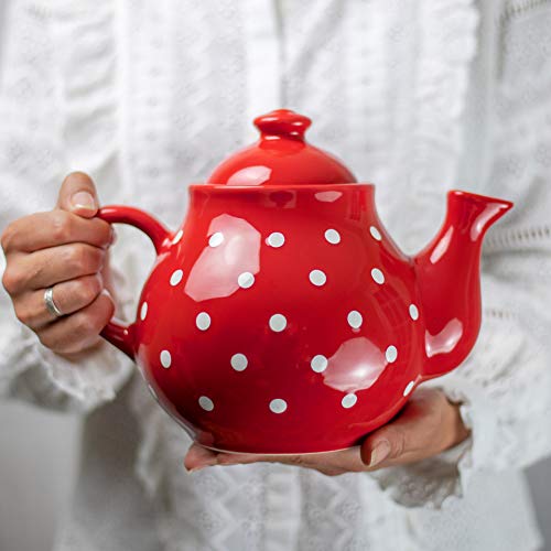 City to Cottage® Red and White Polka Dot Handmade Large Ceramic 1,7l/60oz/4-6 Cup Teapot with Handle and Lid, Unique Pottery Housewarming Gift for Tea Lovers