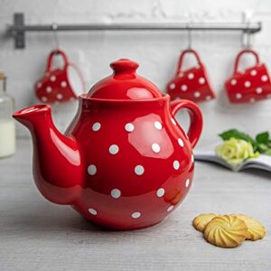 City to Cottage® Red and White Polka Dot Handmade Large Ceramic 1,7l/60oz/4-6 Cup Teapot with Handle and Lid, Unique Pottery Housewarming Gift for Tea Lovers