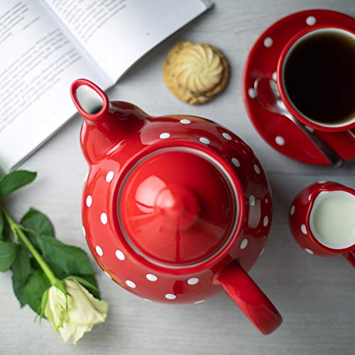 City to Cottage® Red and White Polka Dot Handmade Large Ceramic 1,7l/60oz/4-6 Cup Teapot with Handle and Lid, Unique Pottery Housewarming Gift for Tea Lovers