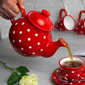 City to Cottage® Red and White Polka Dot Handmade Large Ceramic 1,7l/60oz/4-6 Cup Teapot with Handle and Lid, Unique Pottery Housewarming Gift for Tea Lovers