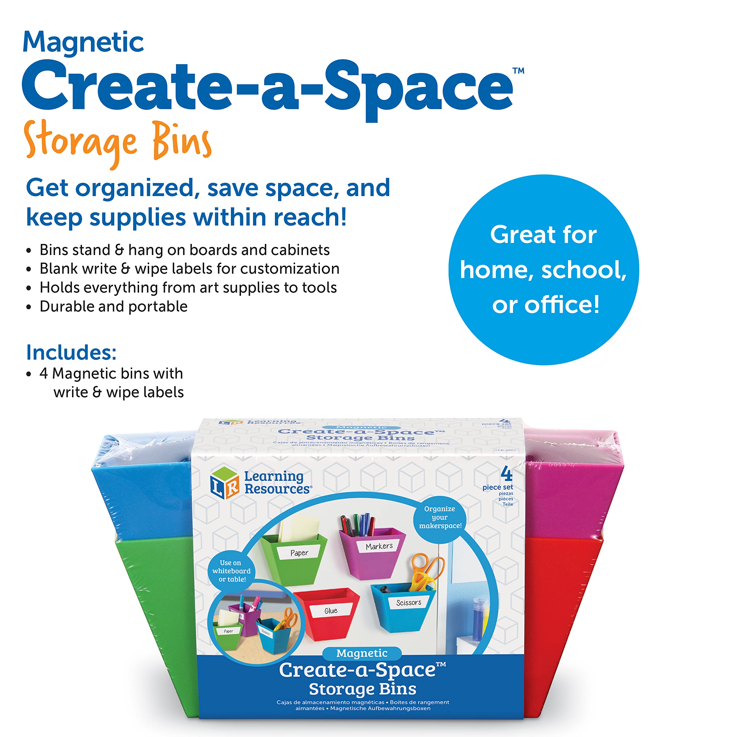 Learning Resources Create-a-Space Magnetic Storage Boxes - 4 Pack with Write & Wipe Labels Homeschool Accessories and Organizers, Craft and Crayons Organizer, Classroom Organizer,Back to School Supplies